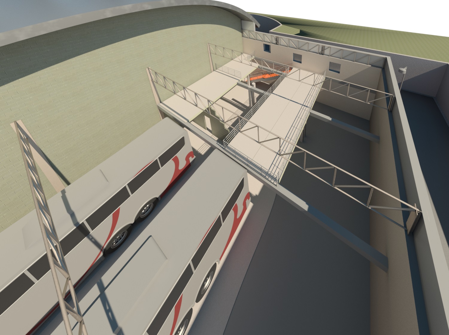 Bus Garage with Roof Stripped Back – Elevated View